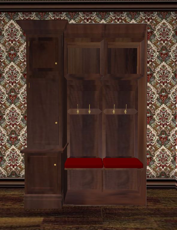Dark Walnut Entryway Bench, Hat Rack, & Coat Closet--4 Prims | Kitely