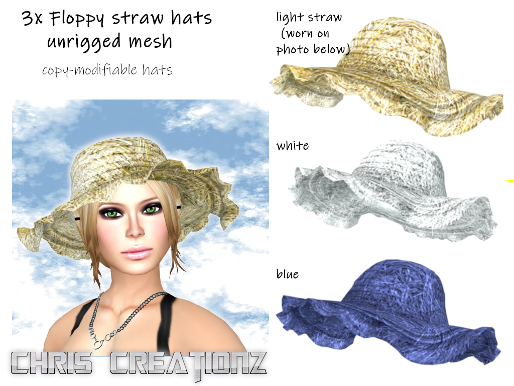 3x Straw hat, floppy hat, unrigged mesh, copy-modify | Kitely