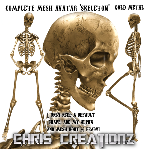 Complete avatar 'Skeleton', rigged mesh. METAL versions. halloween ...