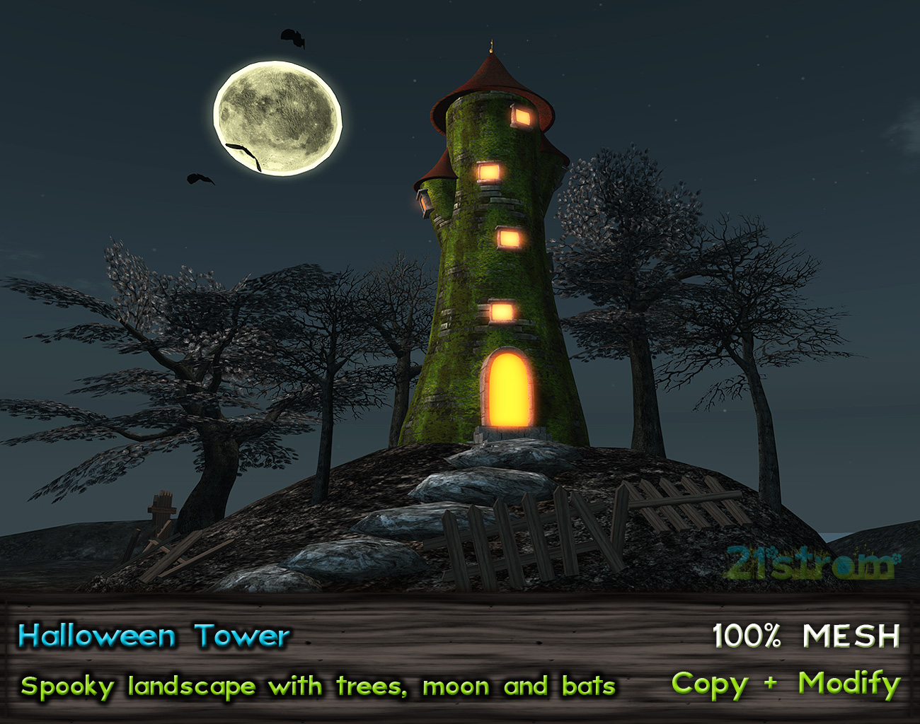 21strom: Halloween Tower - mesh landscape with tower, trees, moon and ...